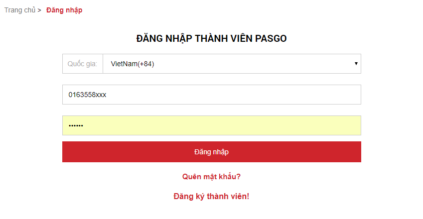 Đăng nhập tài khoản PasGo